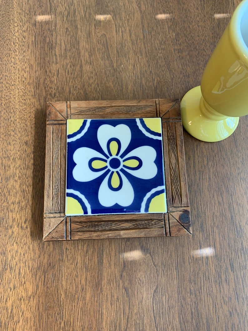 Vintage Tile Trivet with Wood Frame Cobalt Blue and Yellow | Etsy