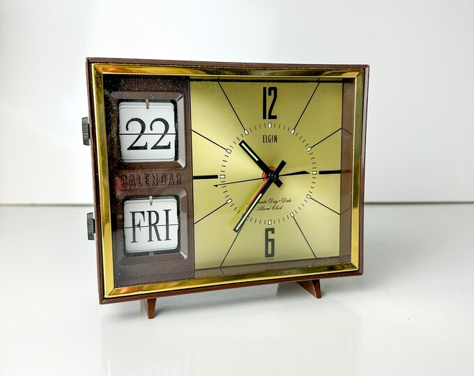 Vintage MCM Elgin Rhythm Alarm Calendar Flip Clock Wind up Wood Tone ...