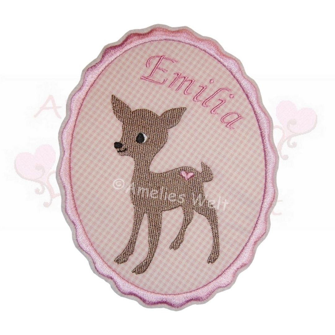 Embroidered Button With Name and a Fawn Applique Patch in Pink Deer ...