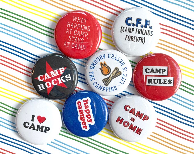 SUMMER CAMP BUTTONS Set of 8 | Pin Badge Flair Magnets Kids Tweens ...