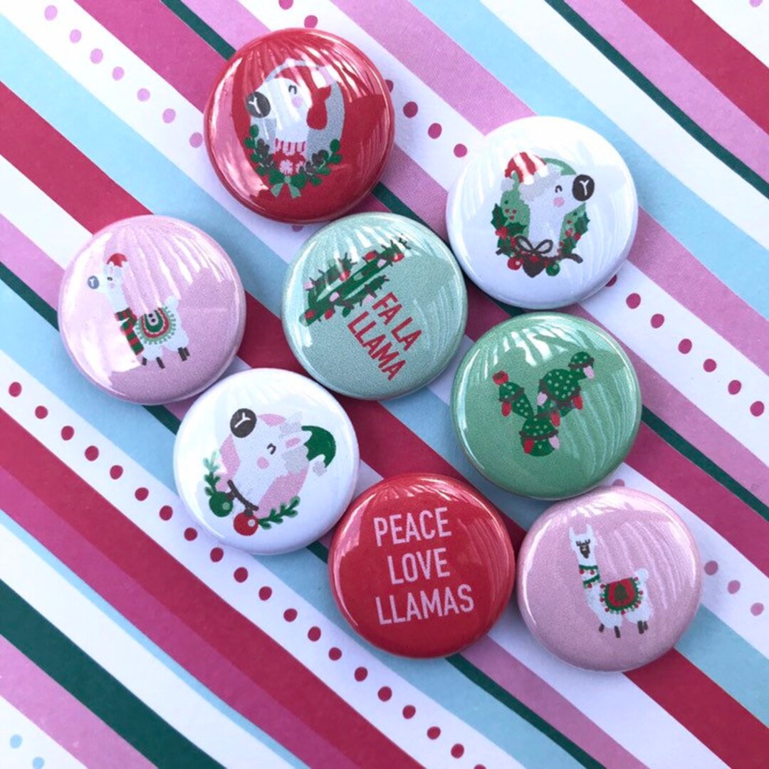 CHRISTMAS LLAMA BUTTONS Set of 8 Pin Badge Flair Holiday Cactus ...
