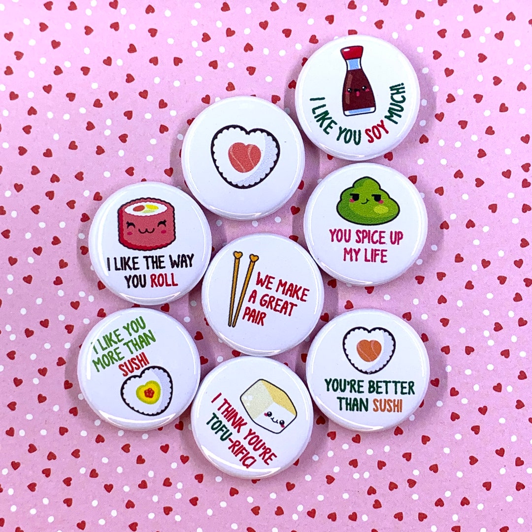 SUSHI VALENTINE'S DAY Flair Buttons Set of Eight Pin Badge Kids Friends ...