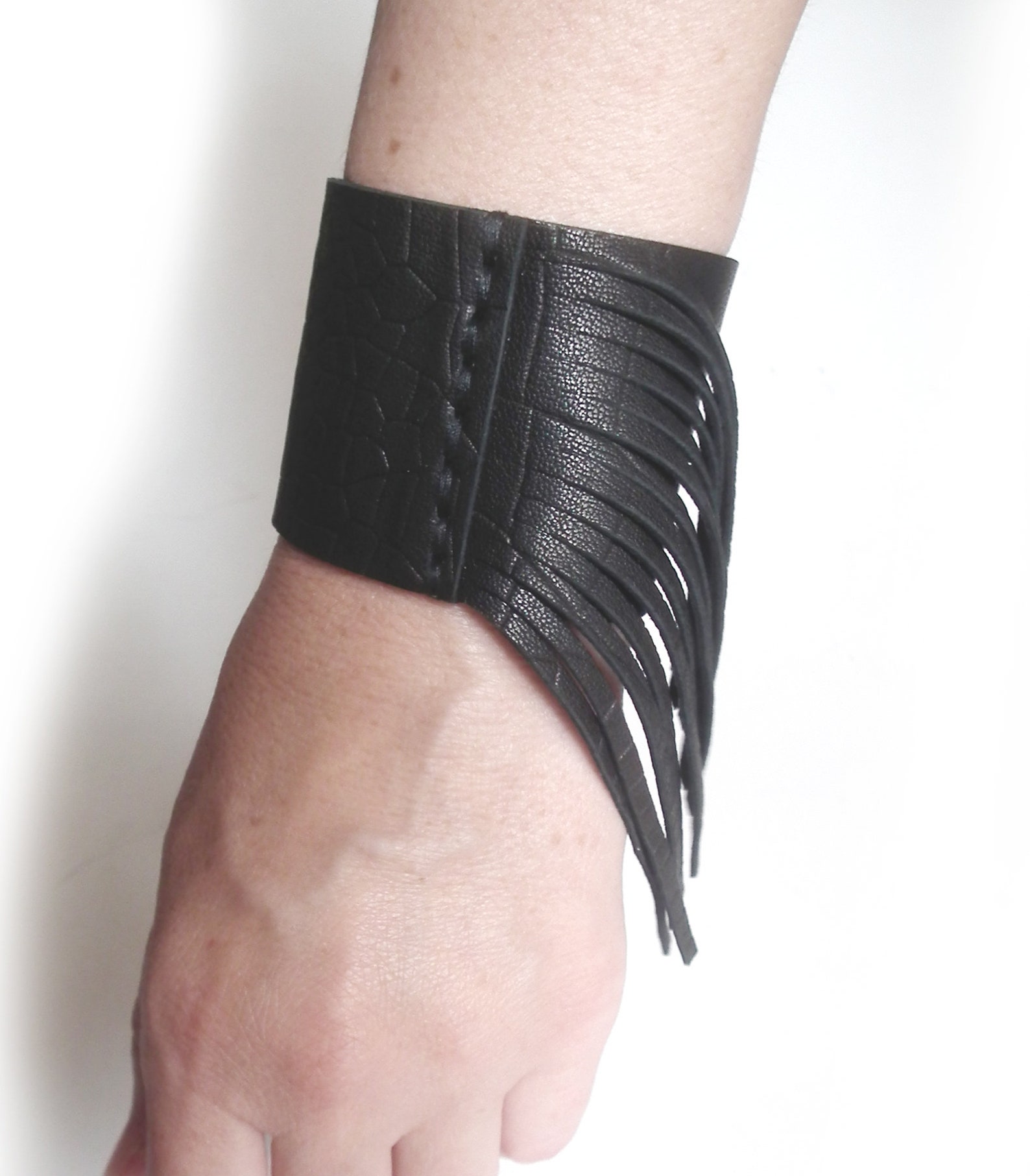 Leather Bracelet Fringe Cuff Black - Etsy