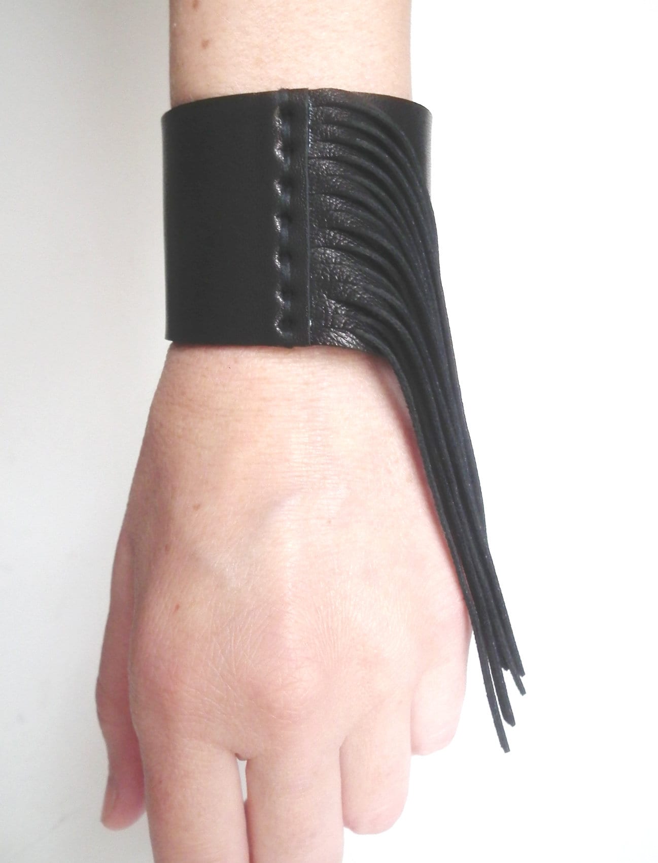 Leather Bracelet Fringe Cuff Black - Etsy