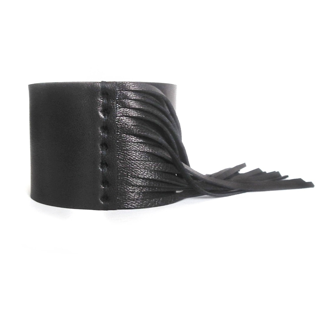 Leather Bracelet Fringe Cuff Black - Etsy