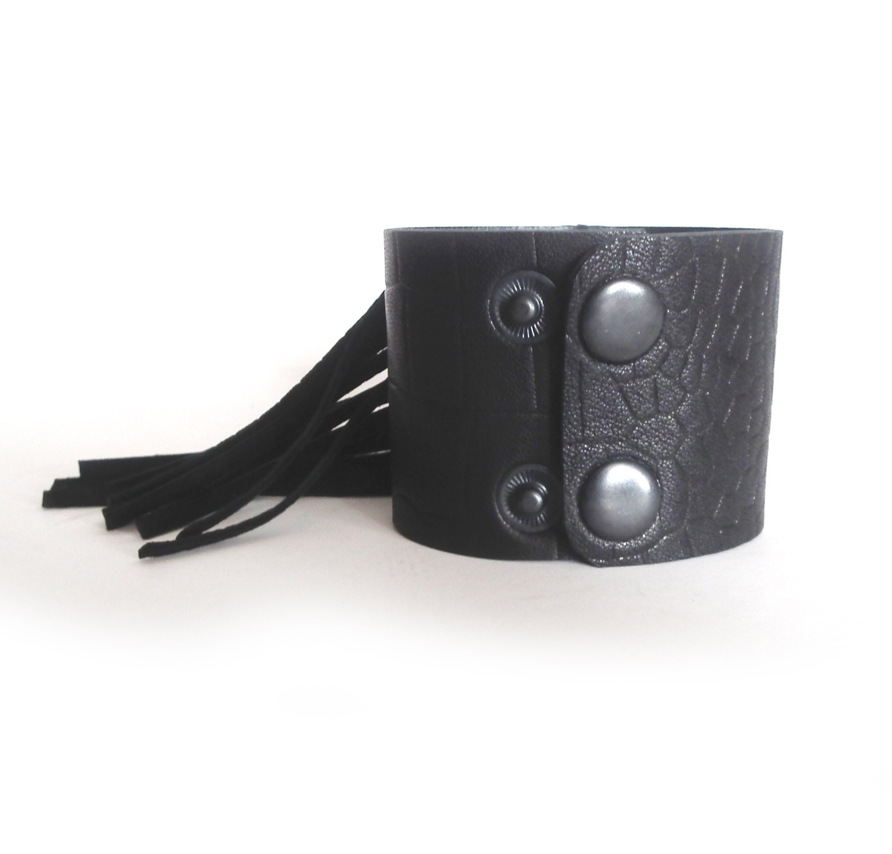 Leather Bracelet Fringe Cuff Black - Etsy