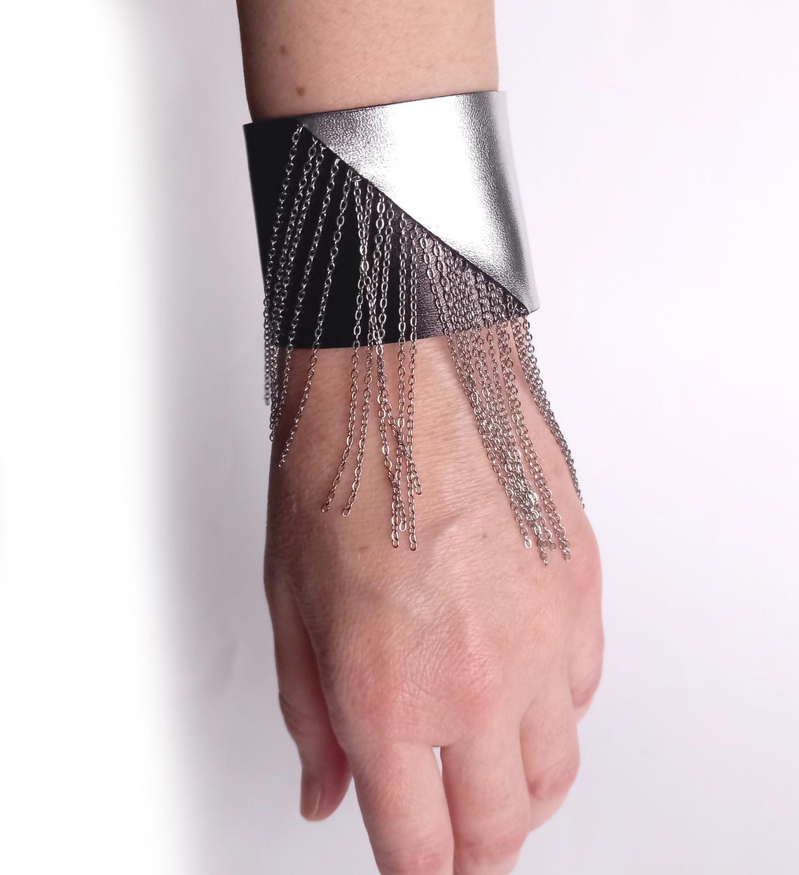 Leather Bracelet Evening Chains Fringe Cuff Gold Silver - Etsy