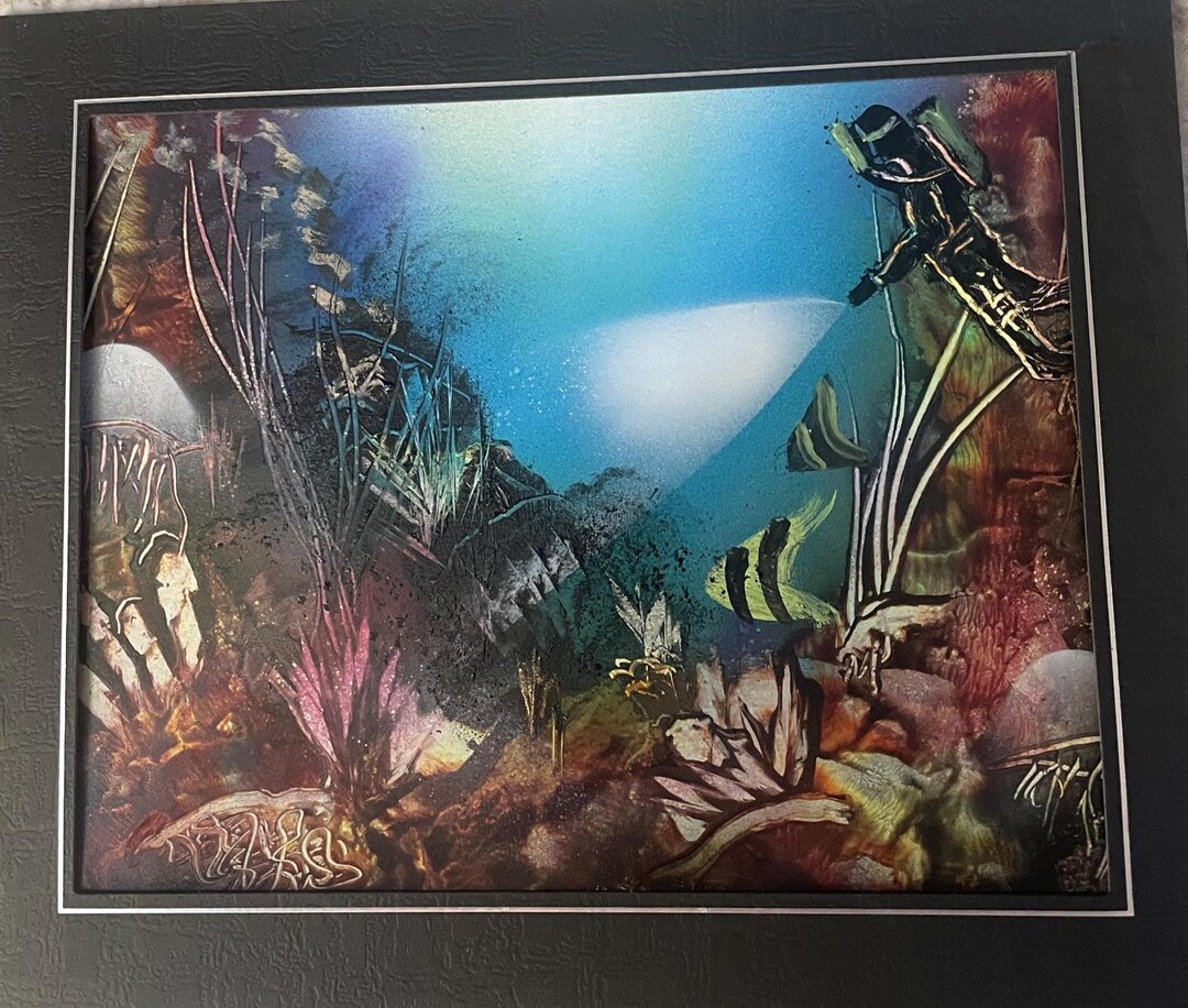 Spray Paint Art Underwater Scuba Diver and Jellyfish 10 X 8.5 Inches ...