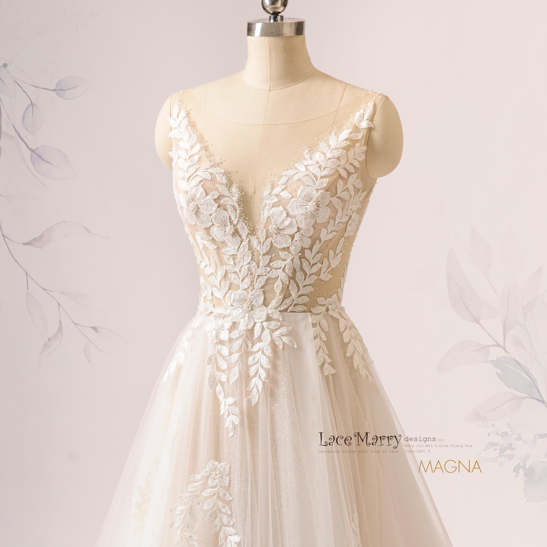 MAGNA / Leafs and Flowers Boho Wedding Dress With A Line Skirt, Boho ...