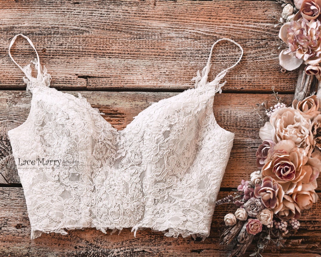 Wedding Lace Crop Top With Sexy Spaghetti Straps, A Line Crepe Skirt ...