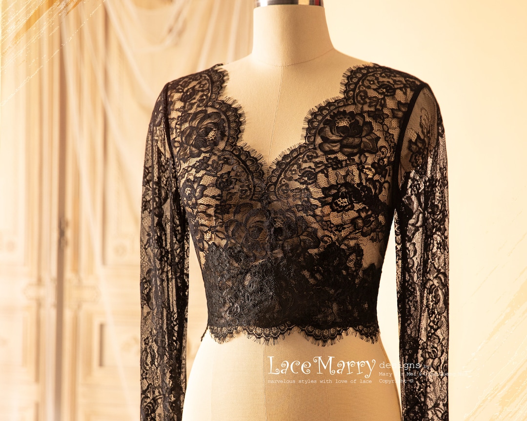 BROOKE #1 / Black Lace Bolero With Long Sleeves and V Neckline, Black ...