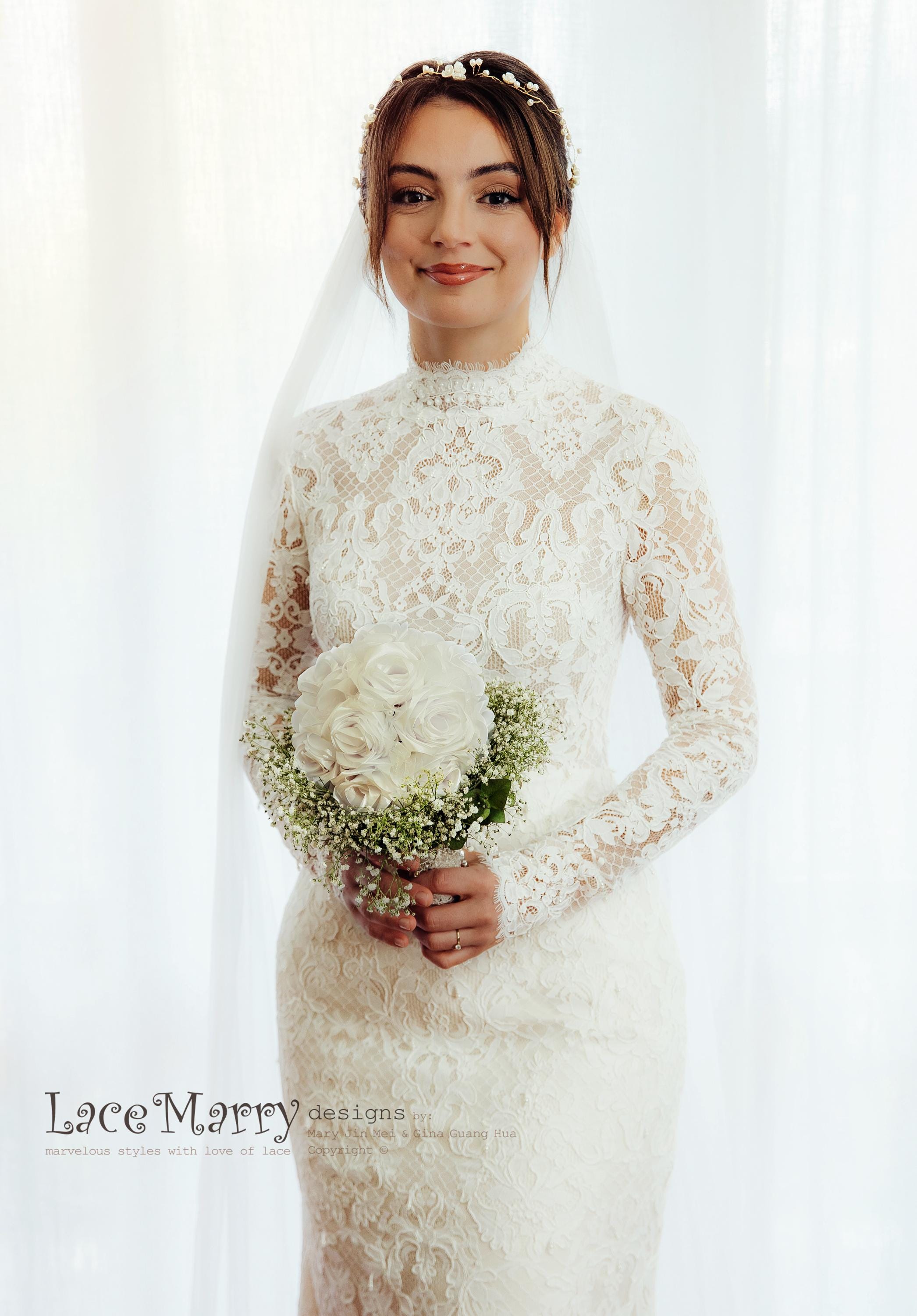 CANDACE / Ivory Lace Wedding Dress: Turtleneck, Long Sleeves, Tulle ...