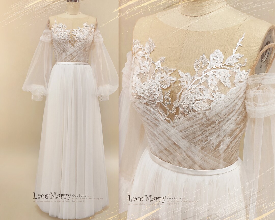 BRIANNA / Boho Wedding Dress With Illusion Neckline and Long Tulle ...