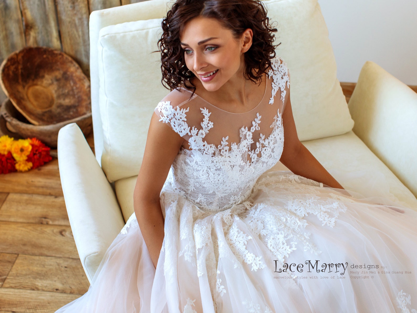 Princess Lace Wedding Dress With Ivory Floral Appliqués and - Etsy