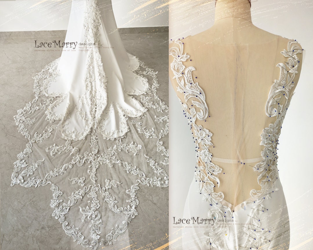 GEORGIA / Deep V Cut Back Wedding Dress With Amazing Lace Train, Plain ...