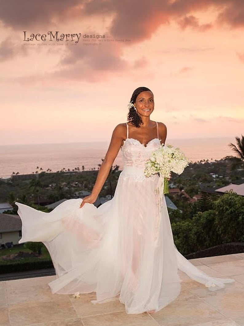 Rose Gold Beach Wedding Dress from Lace and Soft Tulle in | Etsy