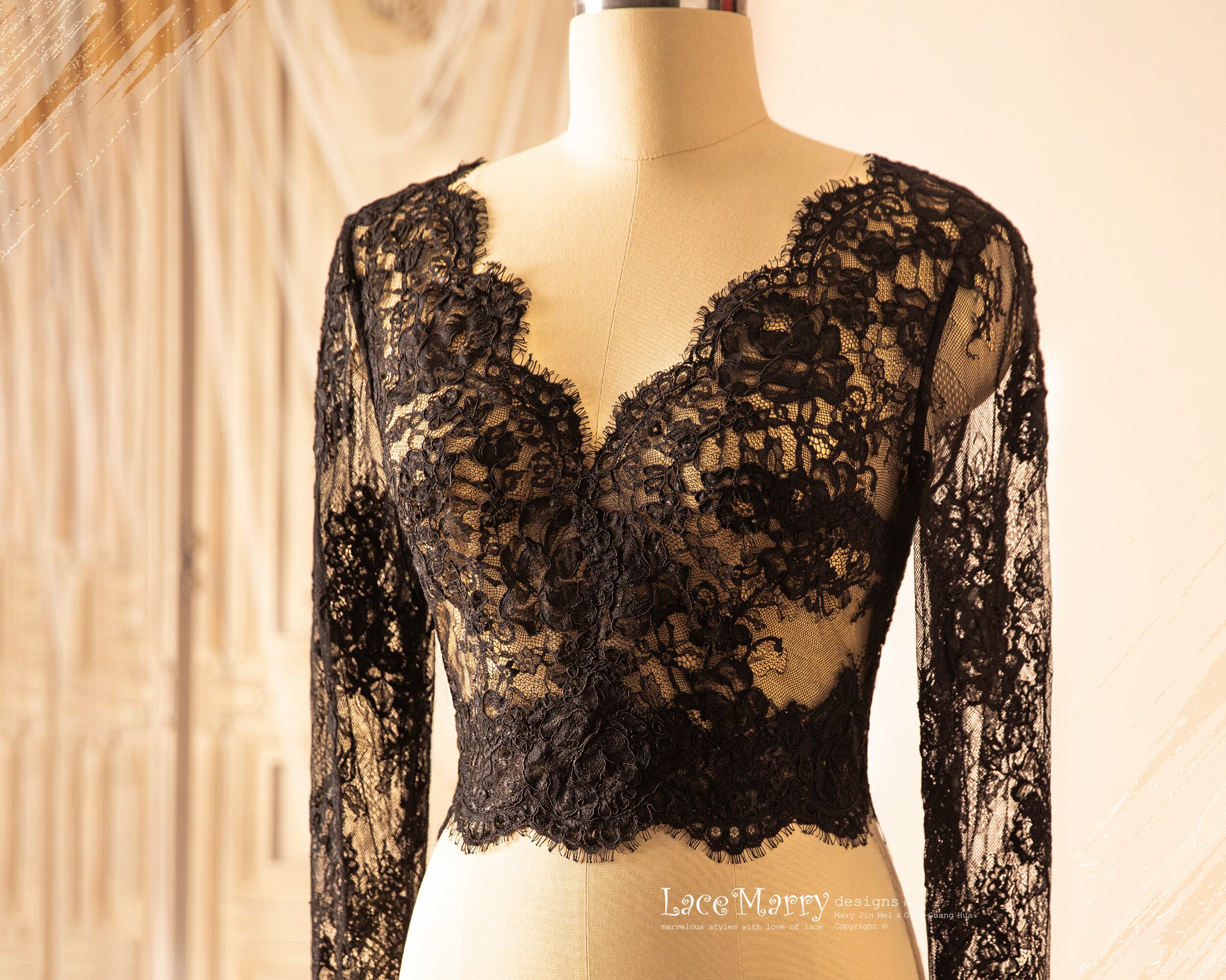 BROOKE #2 / Gothic Black Lace Bridal Bolero: Long Sleeve Wedding ...