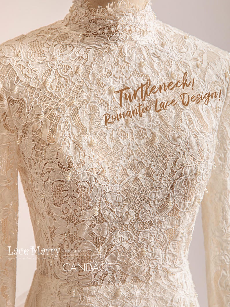 CANDACE / Ivory Lace Wedding Dress: Turtleneck, Long Sleeves, Tulle ...