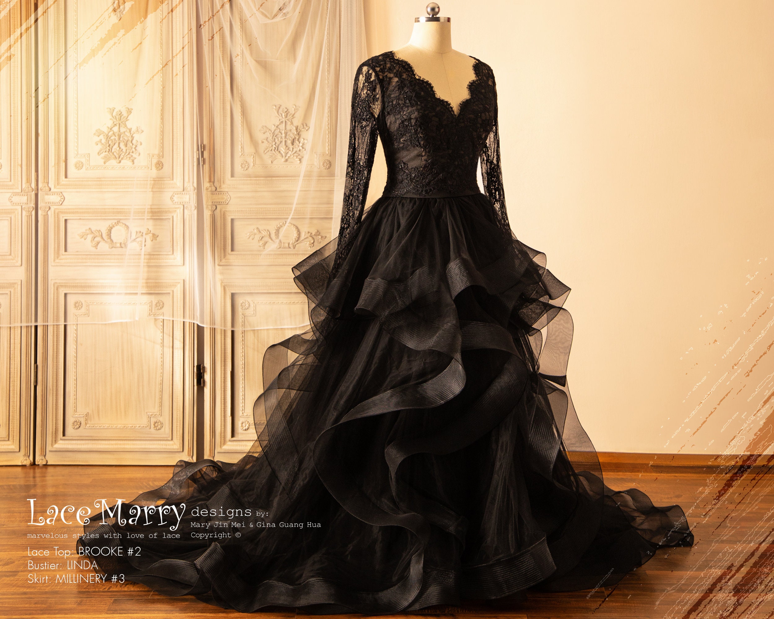 BROOKE #2 / Gothic Black Lace Bridal Bolero: Long Sleeve Wedding ...