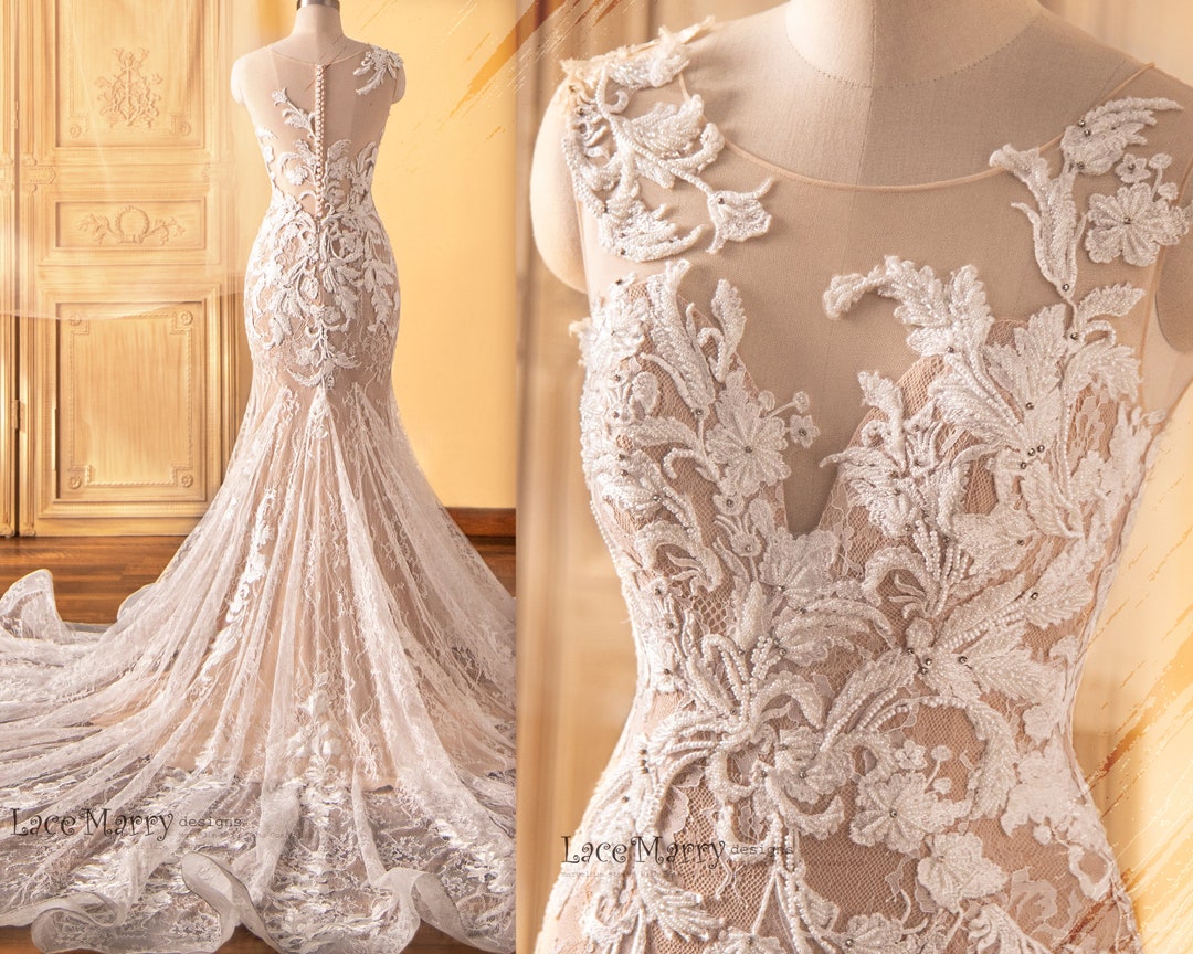 LYDIA / Beaded Lace Wedding Dress: Ivory Floral Applique, Illusion Top ...