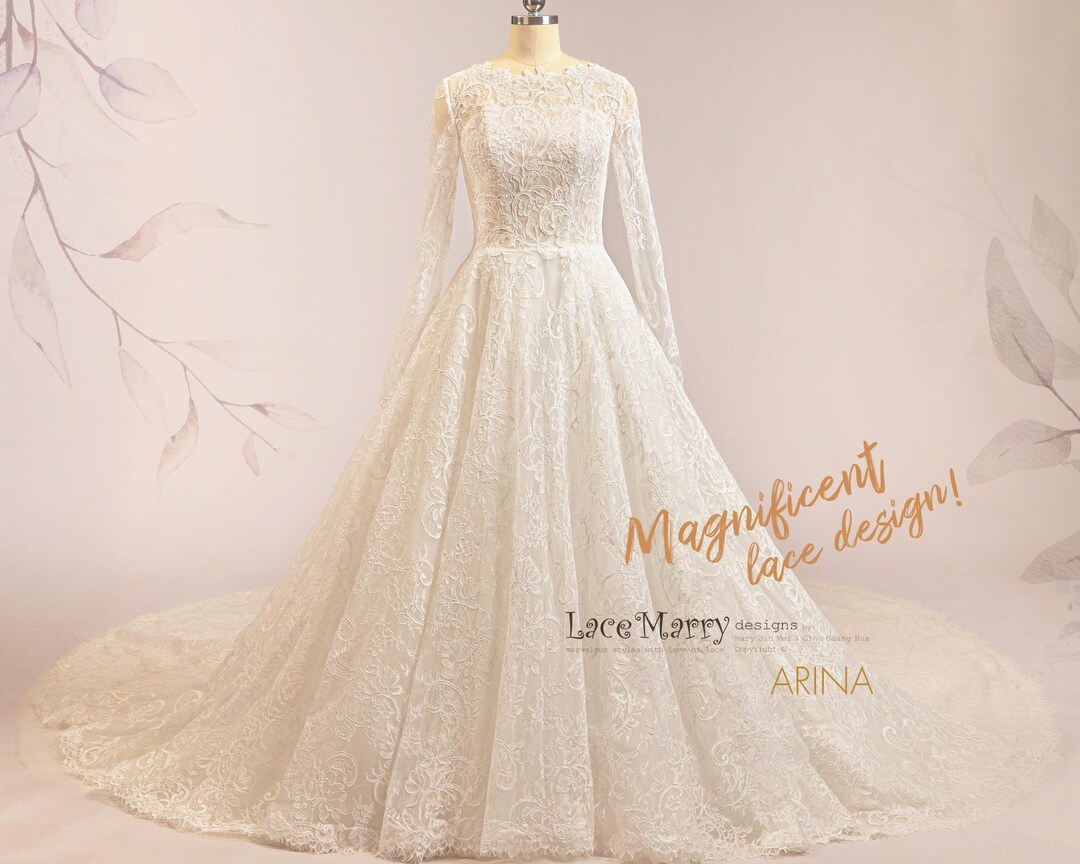 ARINA / A-line Lace Wedding Dress: Long Sleeves, Cathedral Train - Etsy
