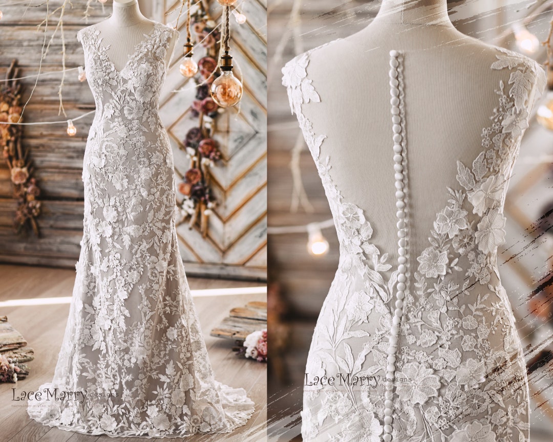 MARIE / Floral Wedding Dress - Mermaid Lace Gown for Bride - Casual ...
