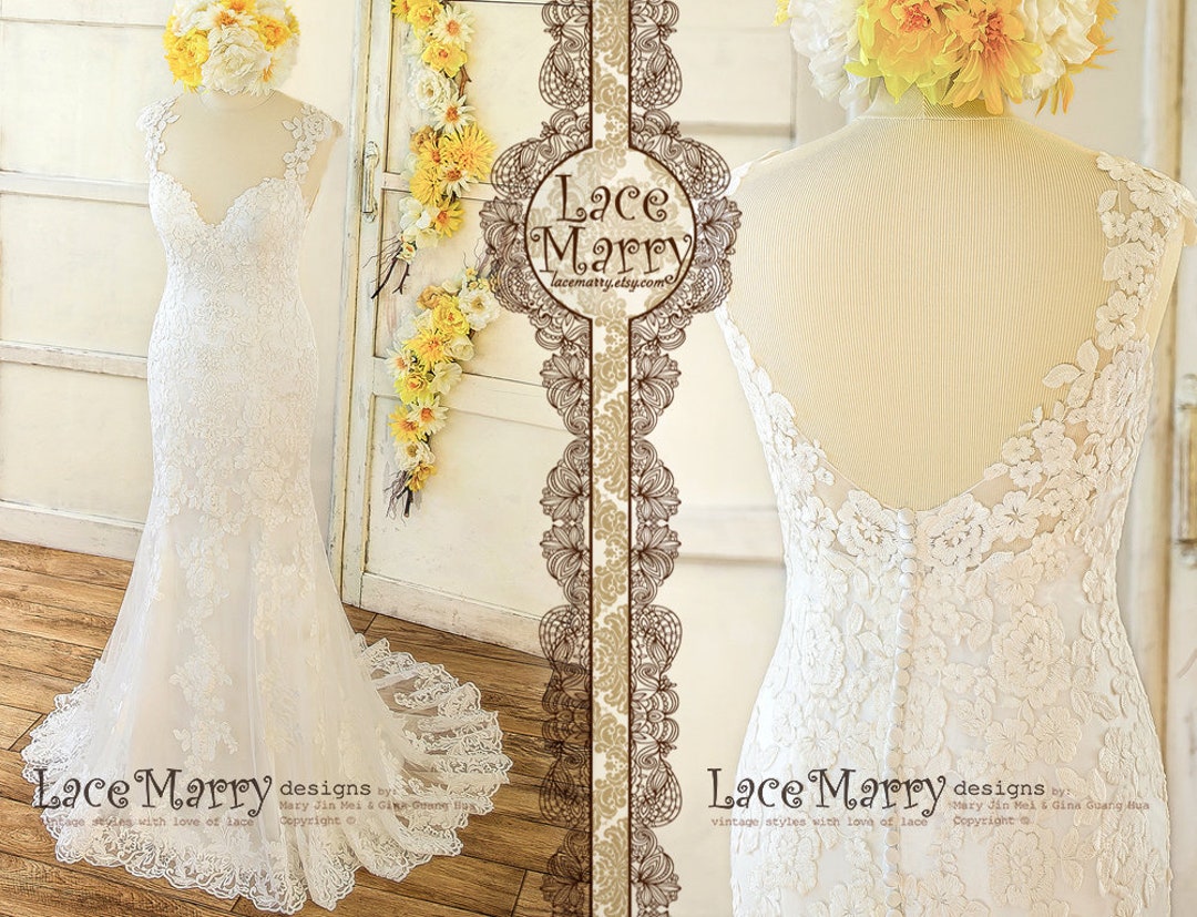 Lace Applique Wedding Dress, Deep Sweetheart Neckline, Fit N Flare - Etsy