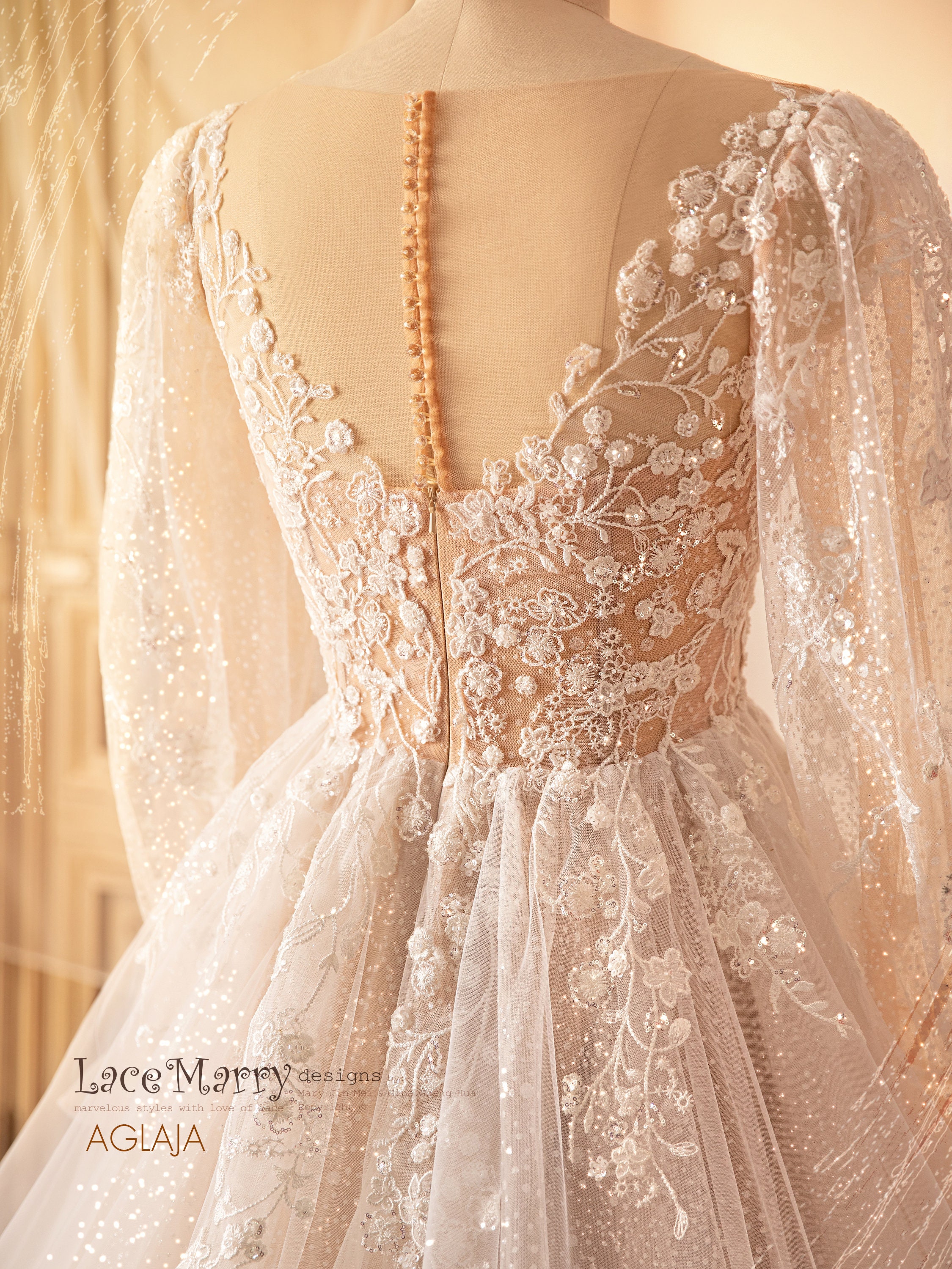 AGLAJA / Long Puff Sleeves Wedding Dress With Glitter Skirt, A Line ...