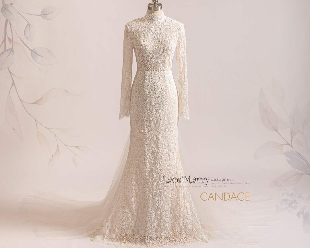 CANDACE / Ivory Lace Wedding Dress: Turtleneck, Long Sleeves, Tulle ...