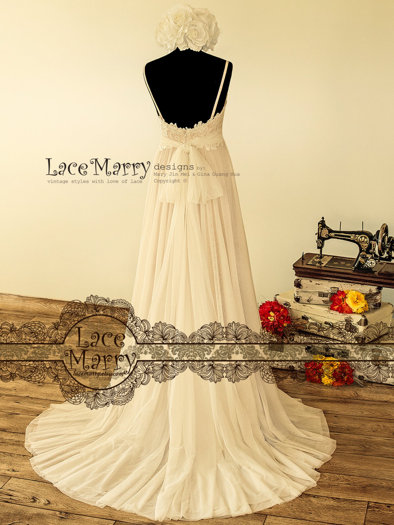 Rose Gold Beach Wedding Dress From Lace and Soft Tulle in - Etsy