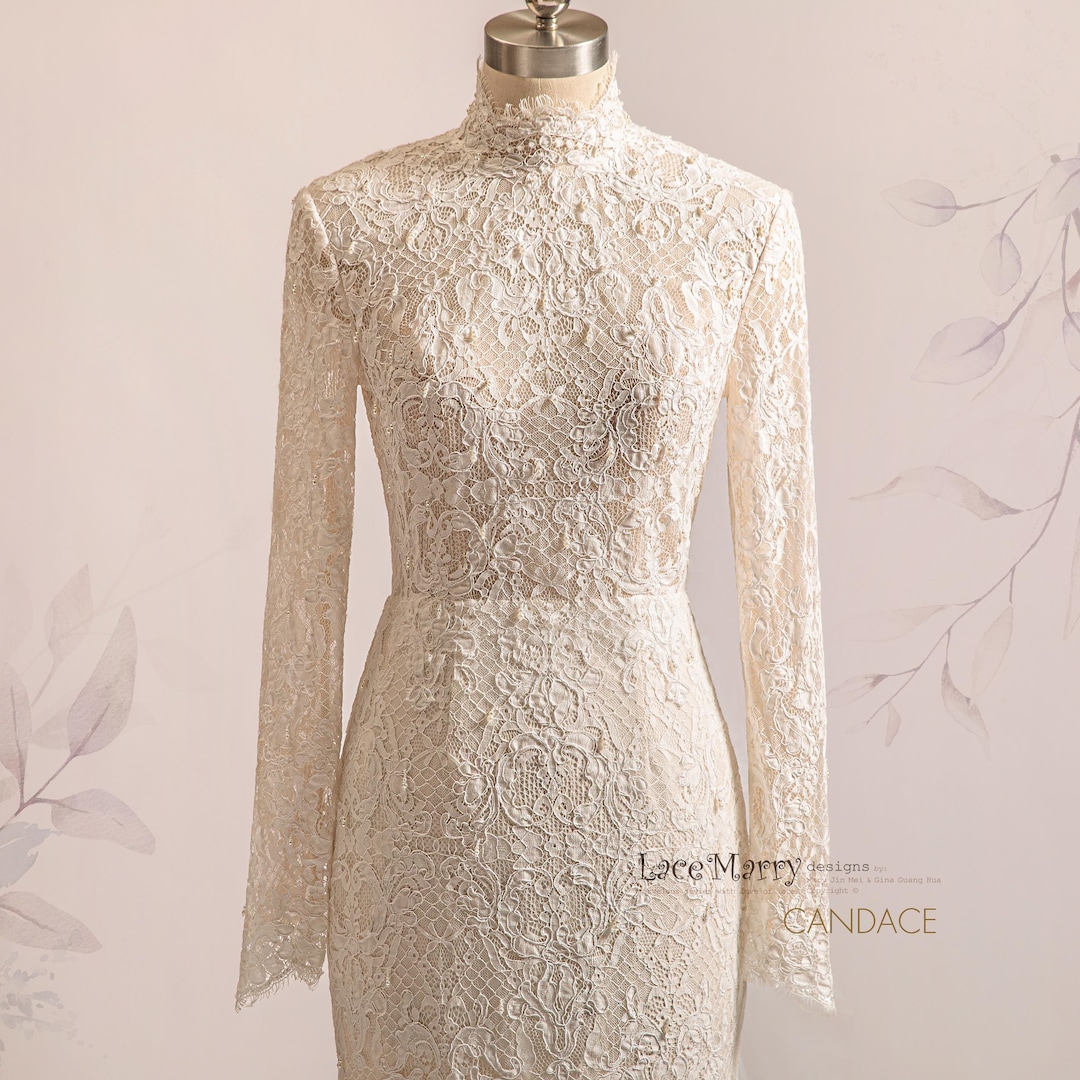 CANDACE / Ivory Lace Turtleneck Wedding Dress With Tulle Train - Etsy