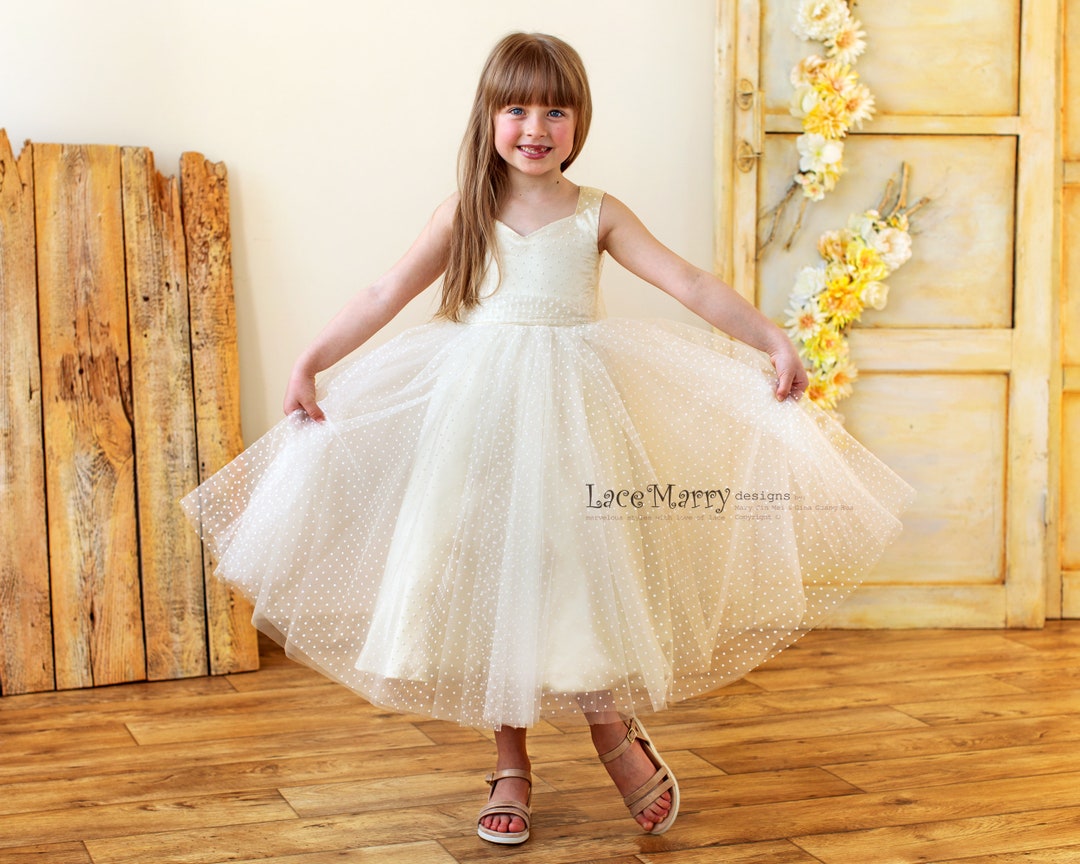 MELA / Ivory Polka Dot Tulle and Champagne Silk Underlay Flower Girl ...