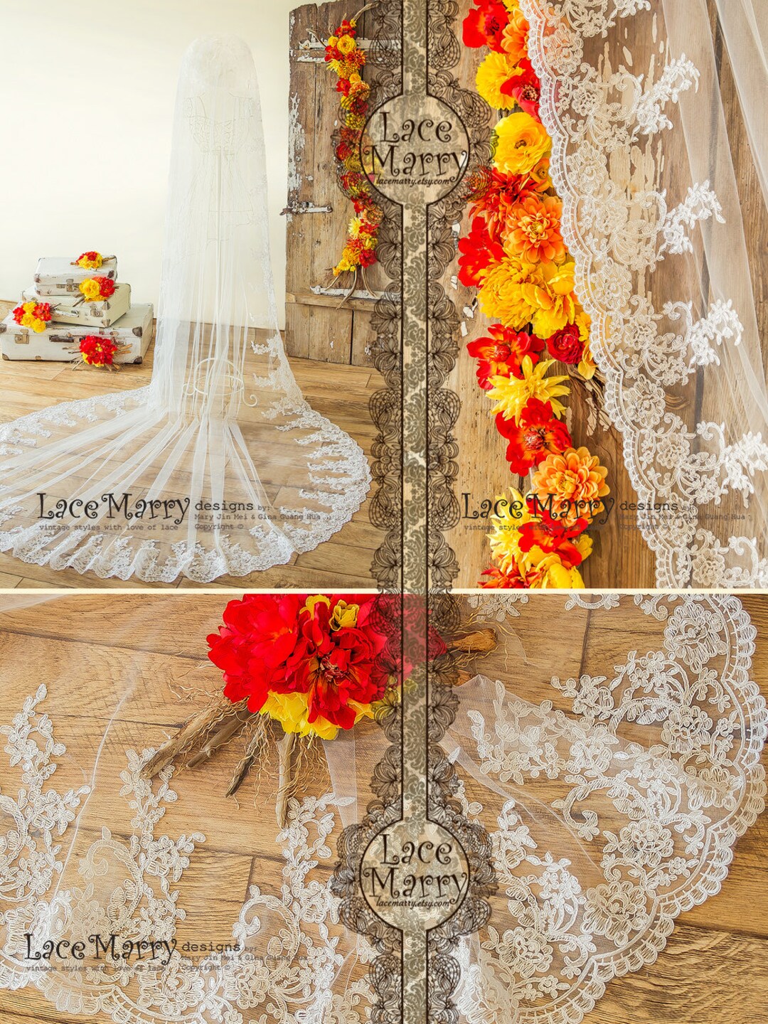 Long Lace Bridal Veil With Floral Ornaments, Cathedral Wedding Veil ...