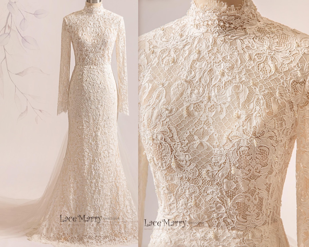 CANDACE / Ivory Lace Wedding Dress: High Collar, Long Sleeves, Fit and ...
