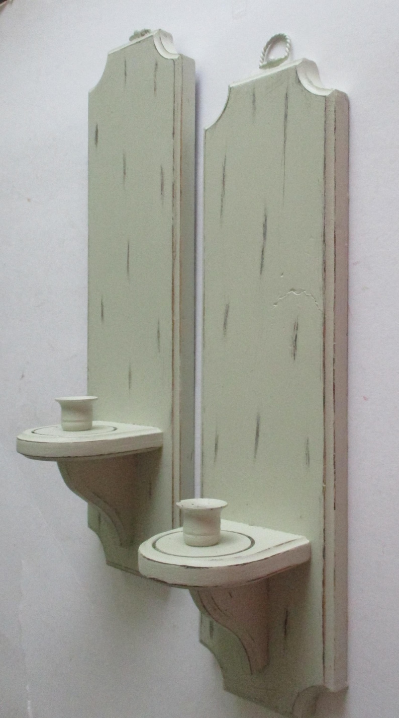 LARGE Pair of Wooden Wall Candle Sconces Distressed in Light Windham ...