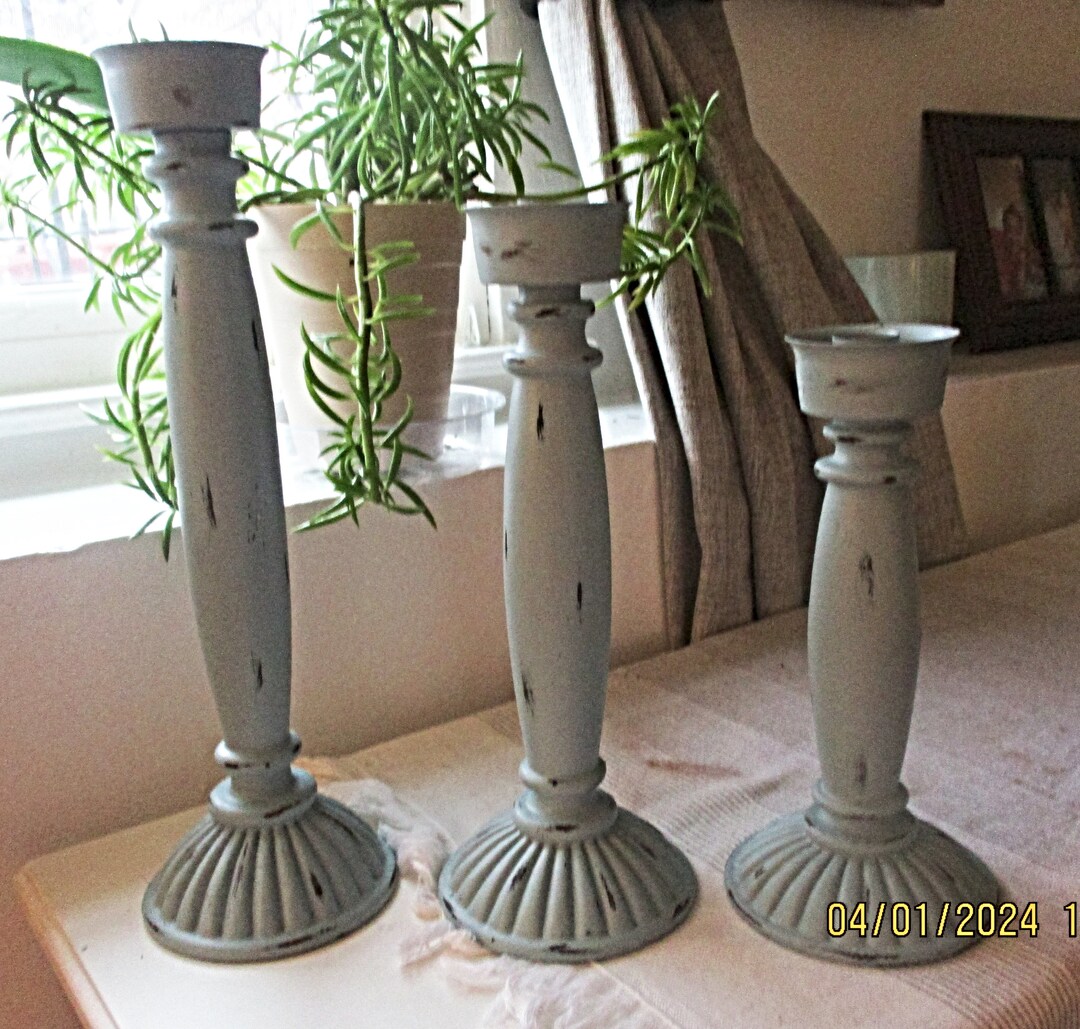 Upcycled Trio of Metal Candlesticks Holders Distressed in Vintage Teal ...