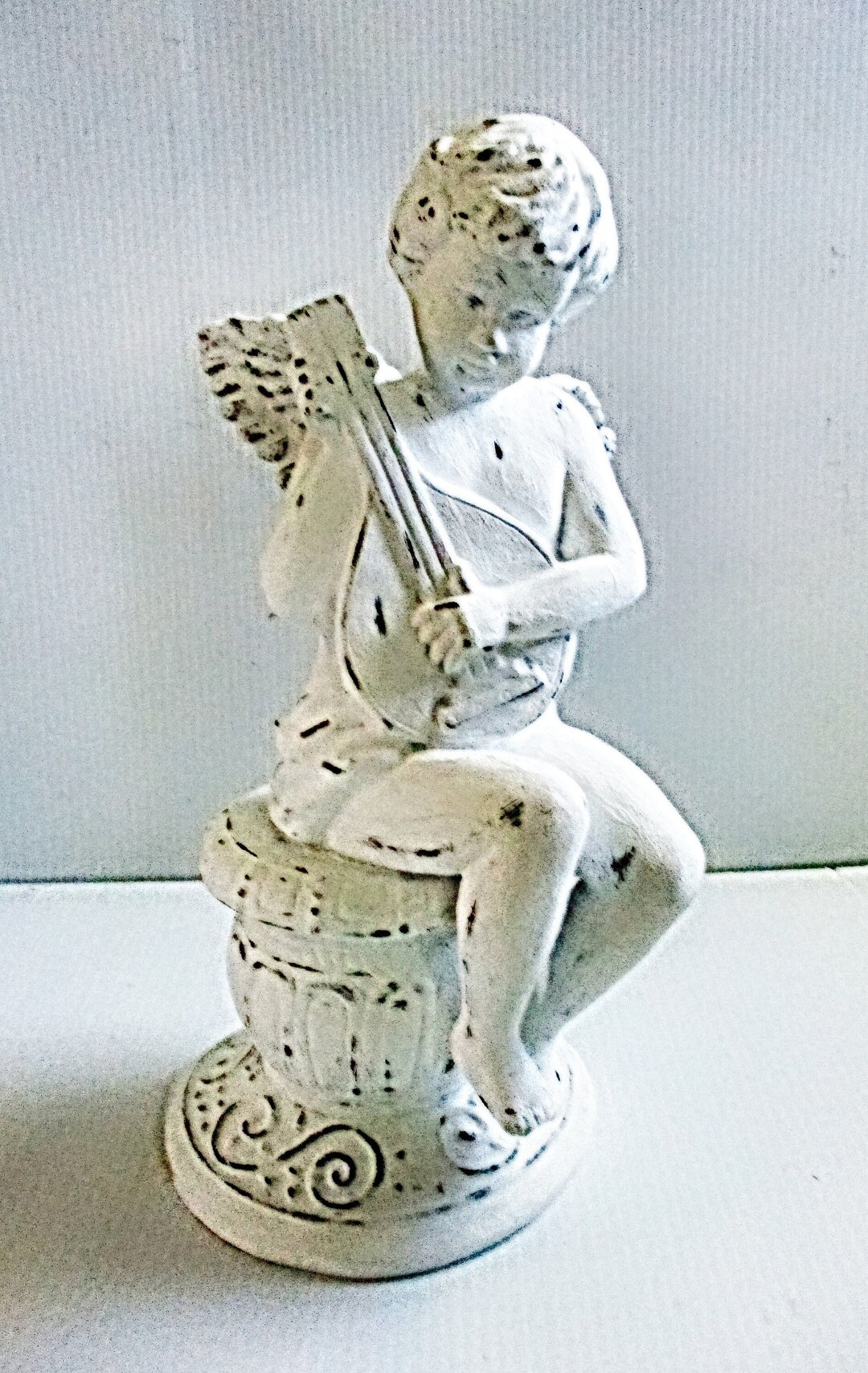 Upcycled Winged Cherub Statue With Musical Instrument Distressed in ...