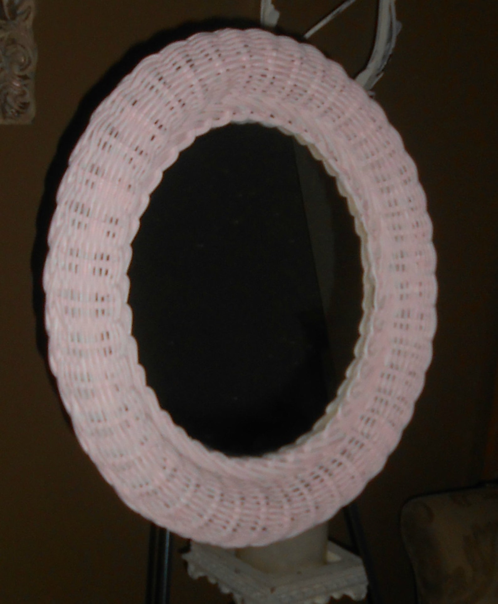 Vintage Wicker Mirror Upcycled Round Mirror Baby Pink Satin | Etsy