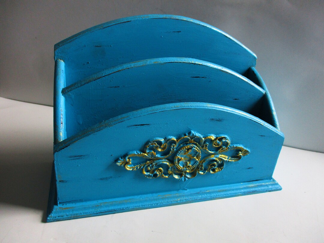 Wooden Desk Organizer Distressed in Teal, Black, and Black Undertones ...
