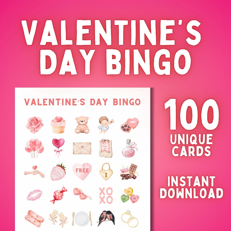Valentine’s Day Bingo Game - Printable Bingo Game - 100 Unique Cards - Etsy