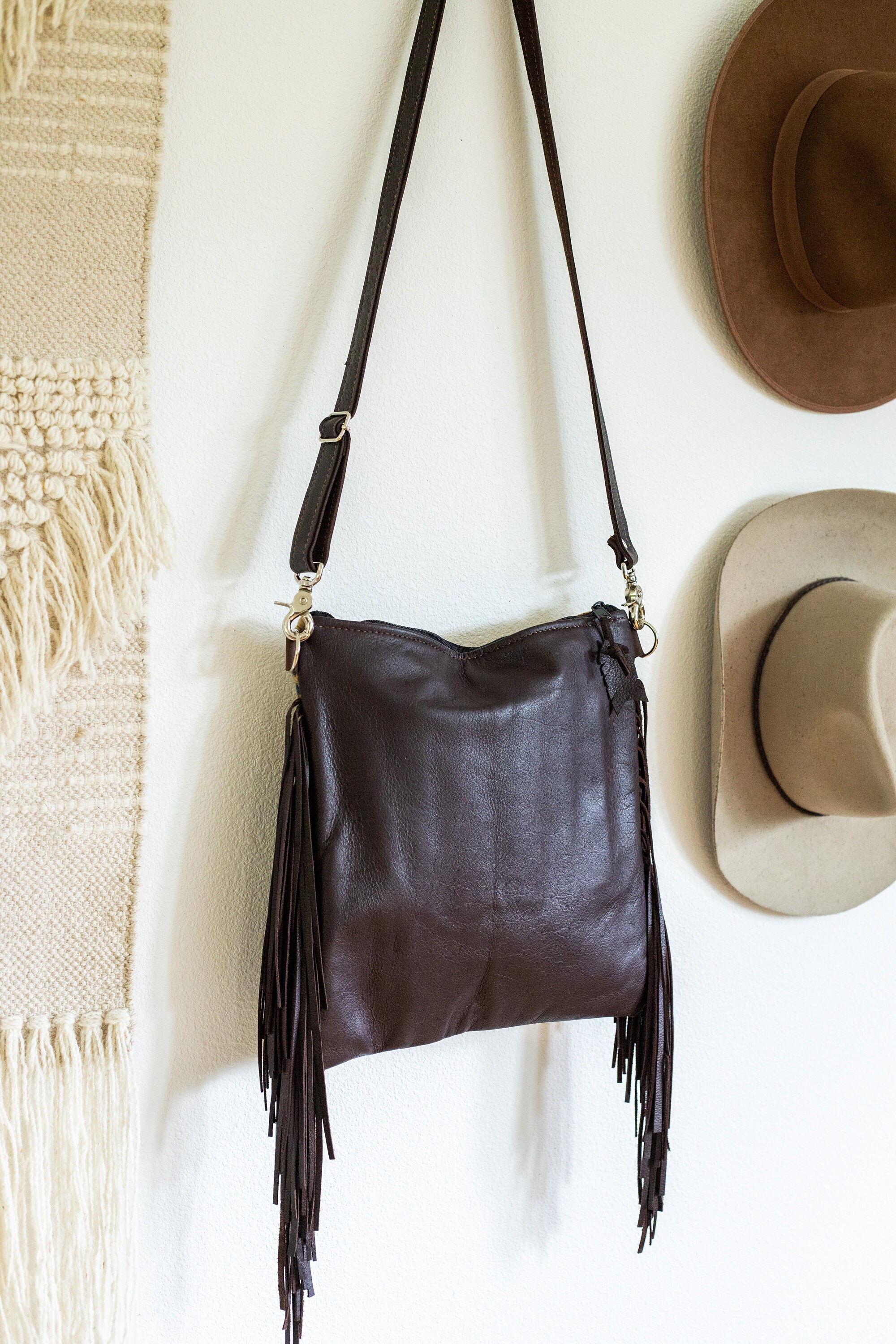 Leather Fringe Crossbody Purse in Native Buffalo Wool Large by Mercy ...