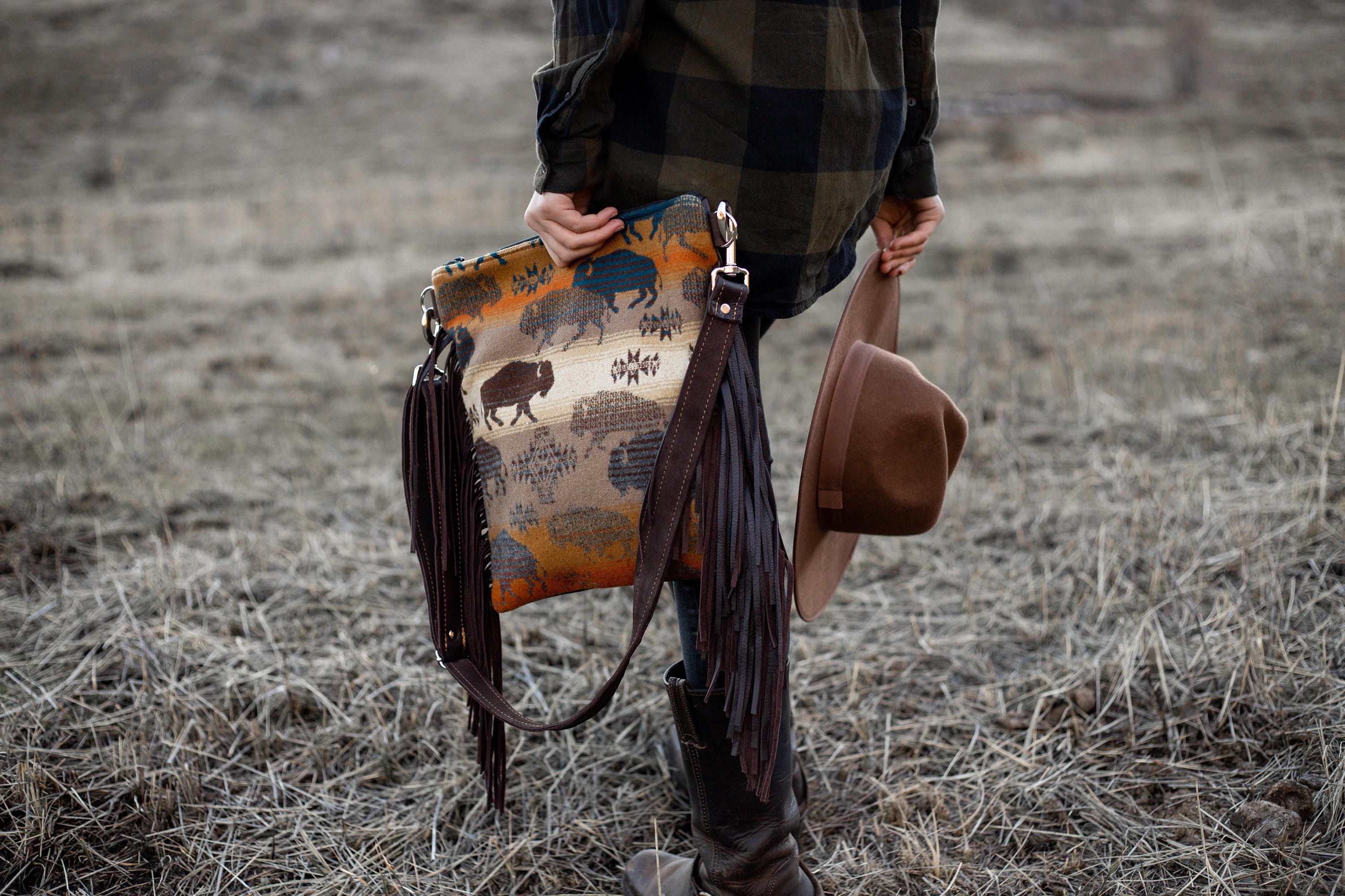 Leather Fringe Crossbody Purse in Native Buffalo Wool Large by Mercy ...