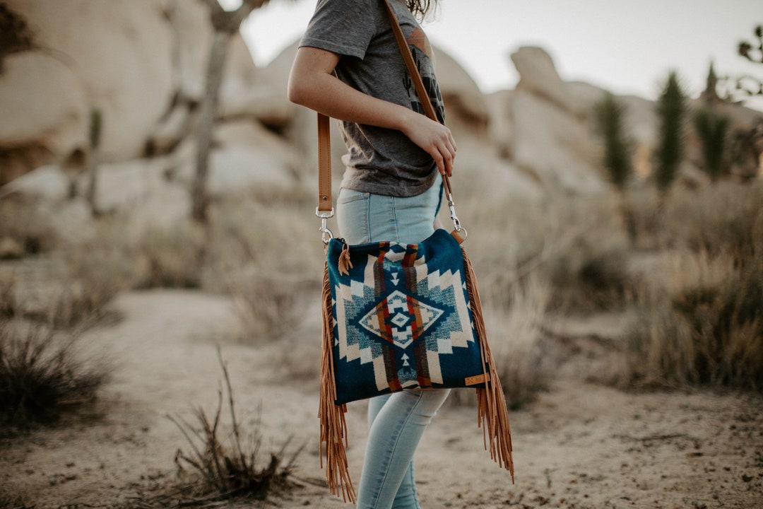 Pendleton Wool Cowgirl Fringe Crossbody Bag in Navy Rock Point ...