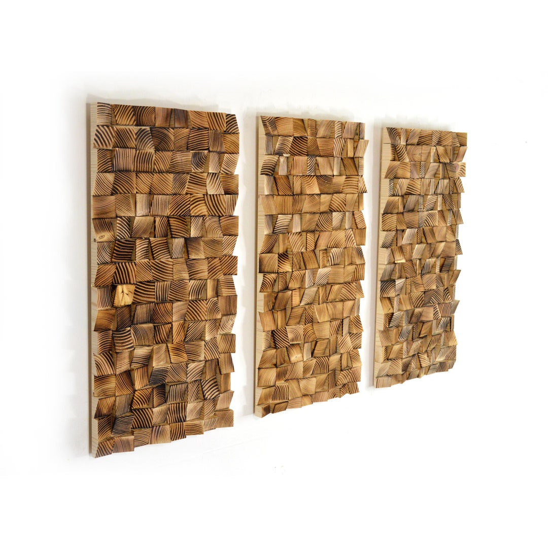 Woodburned Reclaimed Wood Triptych Rustic Wall Art Mosaic Sculpture - 3 ...