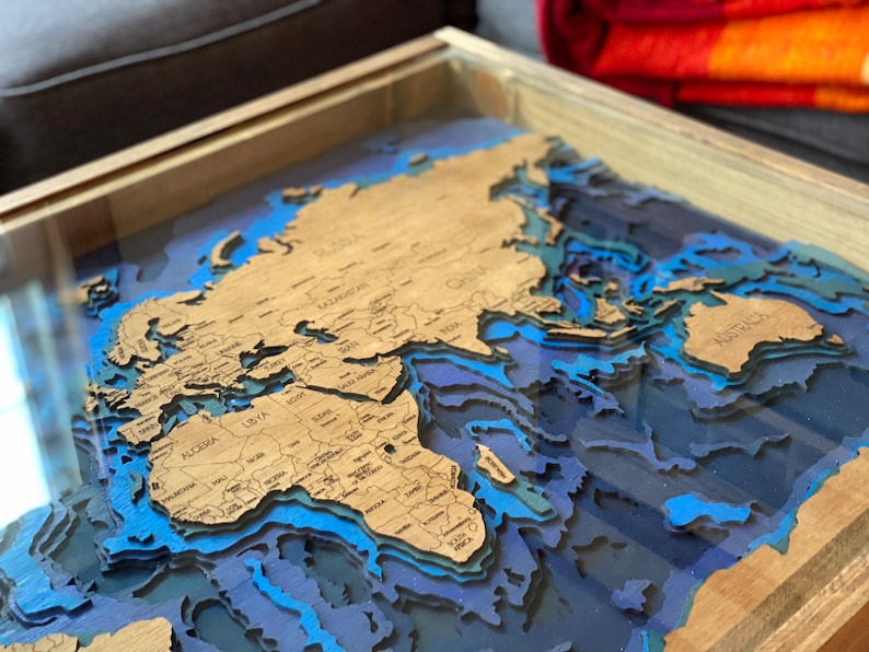 World Map Coffee Table With Ocean Bathymetric Layers - 24x36" - 100% ...