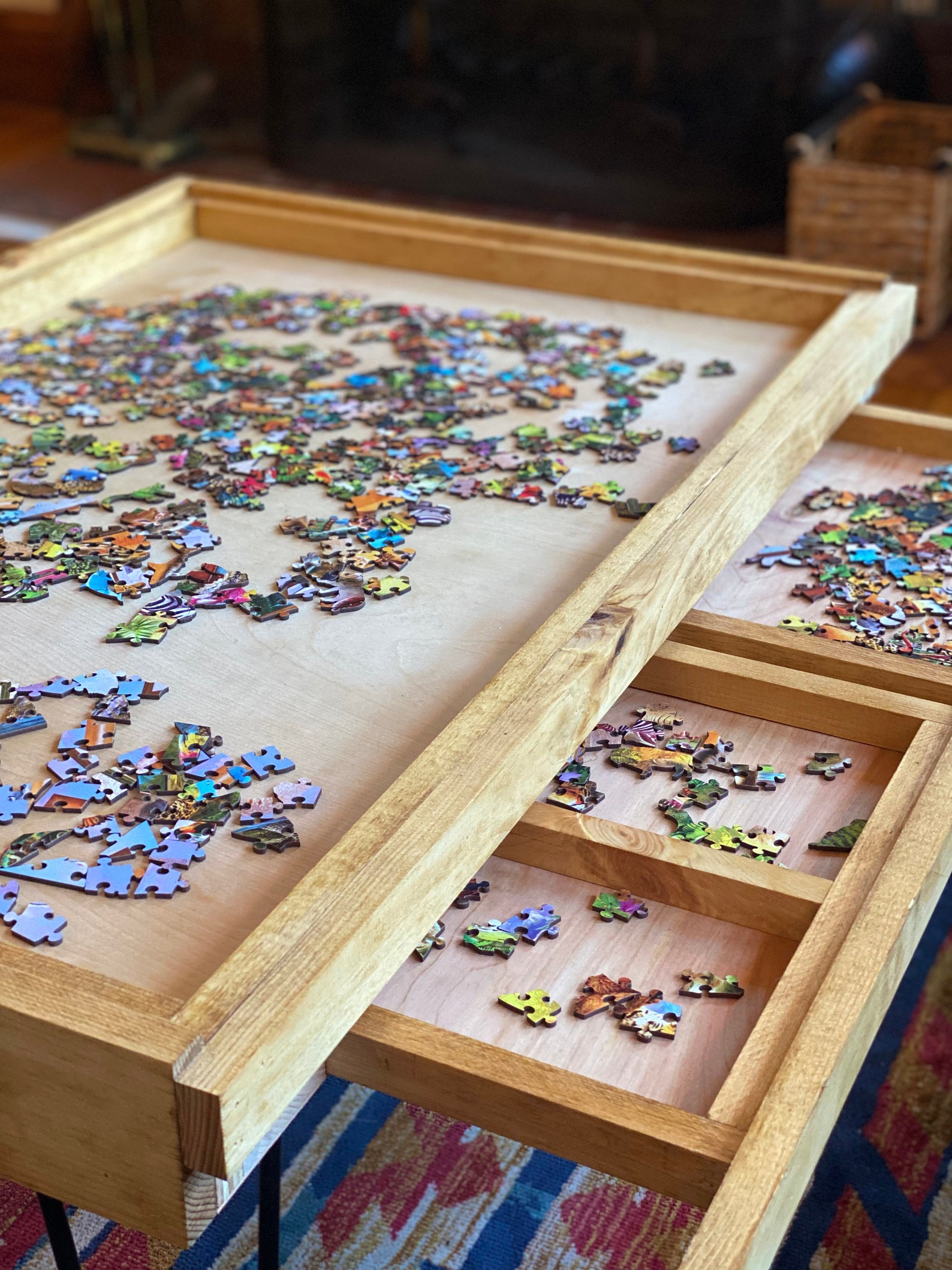 Rustic Puzzle Coffee Table With Removable Glass Top Includes 2 Hidden ...