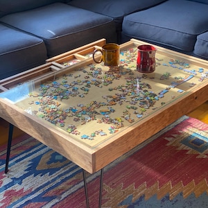 Rustic Puzzle Coffee Table With Removable Glass Top - Includes 2 Hidden ...