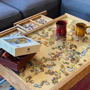 Rustic Puzzle Coffee Table With Removable Glass Top - Includes 2 Hidden ...