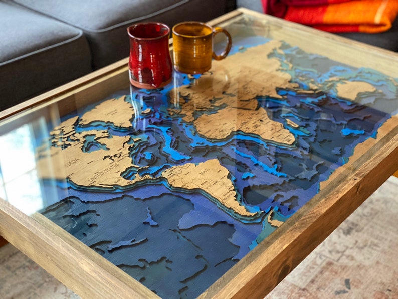 World Map Coffee Table With Ocean Bathymetric Layers - 24x36" - 100% ...