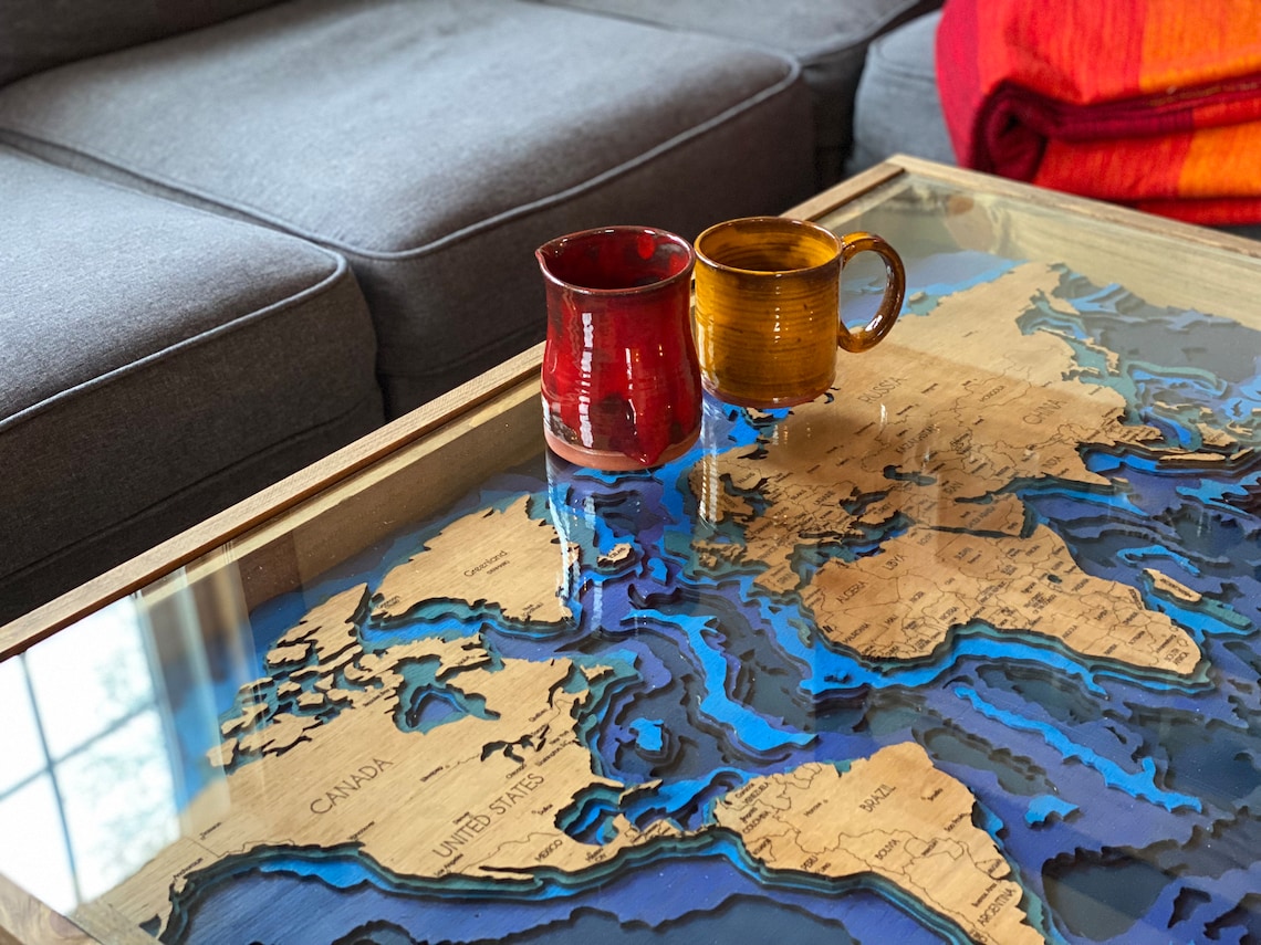 World Map Coffee Table With Ocean Bathymetric Layers - 24x36" - 100% ...